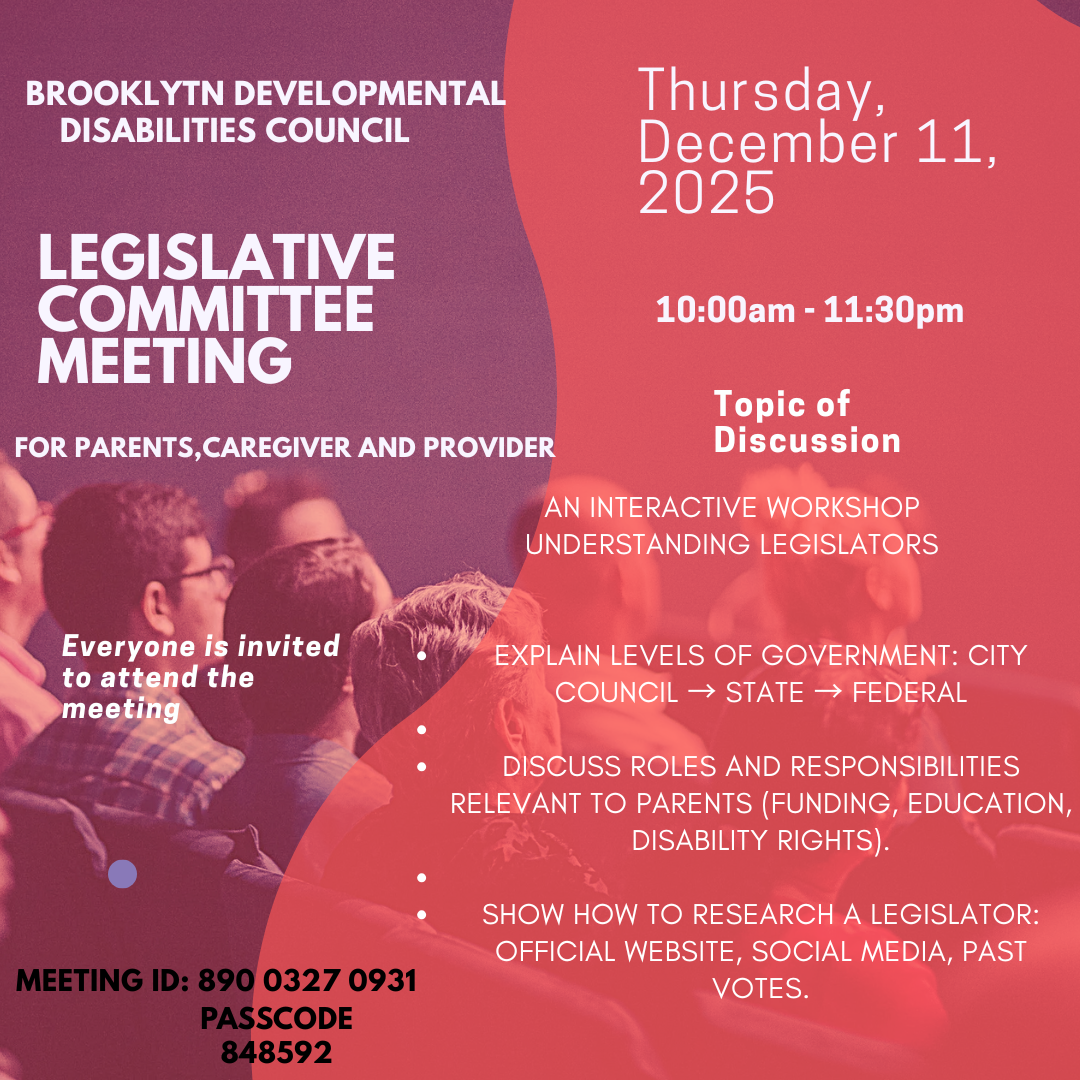 BKDDC Legislative Committee: 12/11 @ 10am via Zoom – Brooklyn Developmental Disabilities Council